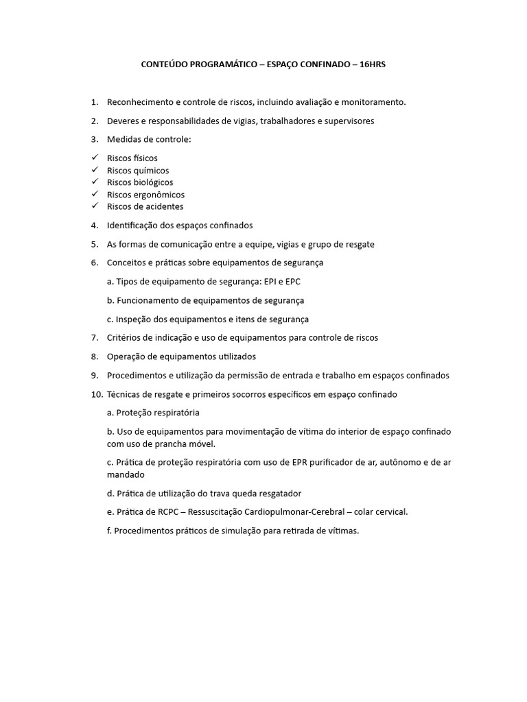 Conteúdo Programático Espaço Confinado | PDF | Tecnologia e Engenharia