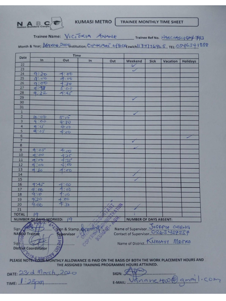 Nabco March 2020 Timesheet | PDF