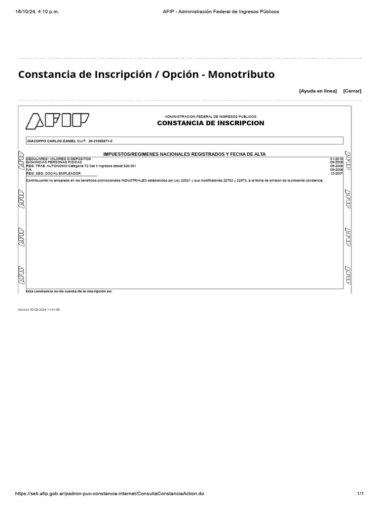 Constancia AFIP Responsable Inscripto | PDF
