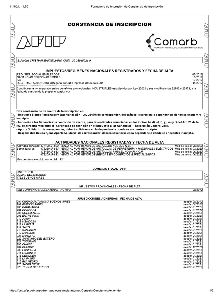 Constancia de Inscripción AFIP 2024 | PDF | Impuestos | Finanza pública