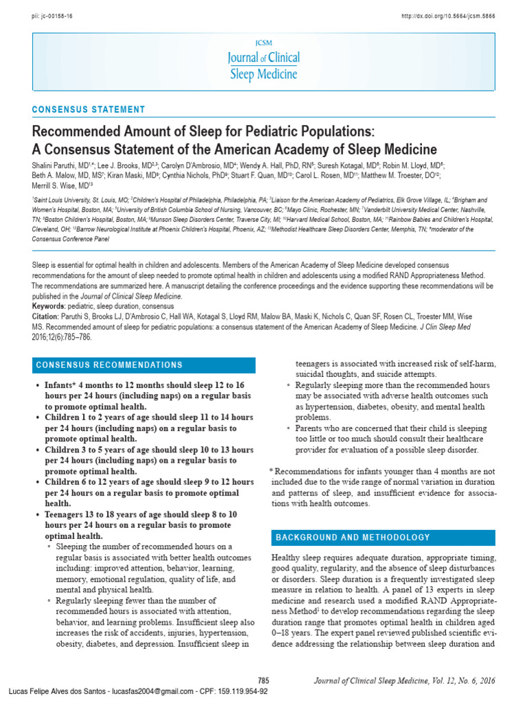 Recommended Amount Of Sleep For Pediatric Populations Pdf Sleep