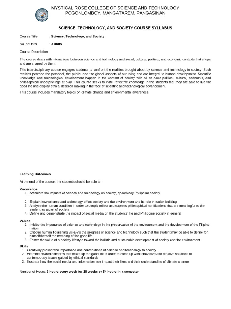 COURSE-SYLLABUS-Science-Technology-and-Society-1 | PDF | Science ...