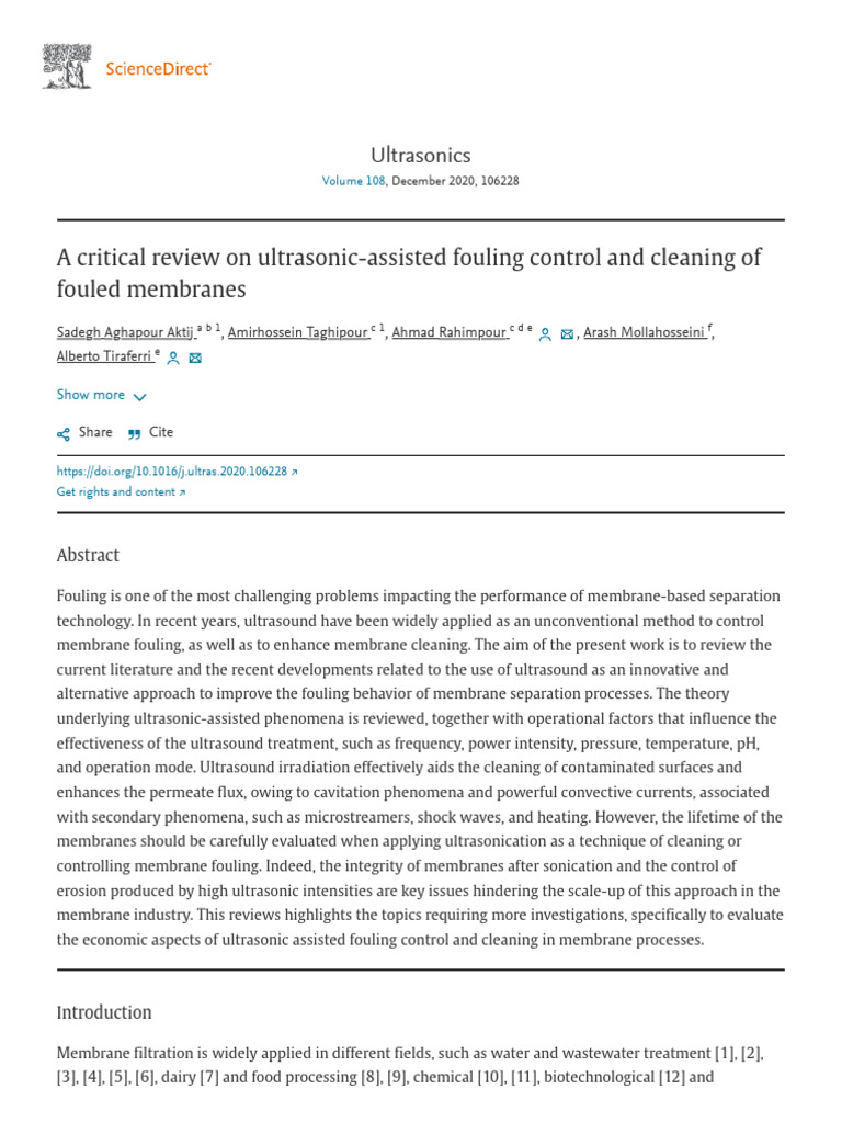 A critical review on ultrasonic-assisted fouling control and cleaning of fouled membranes ...