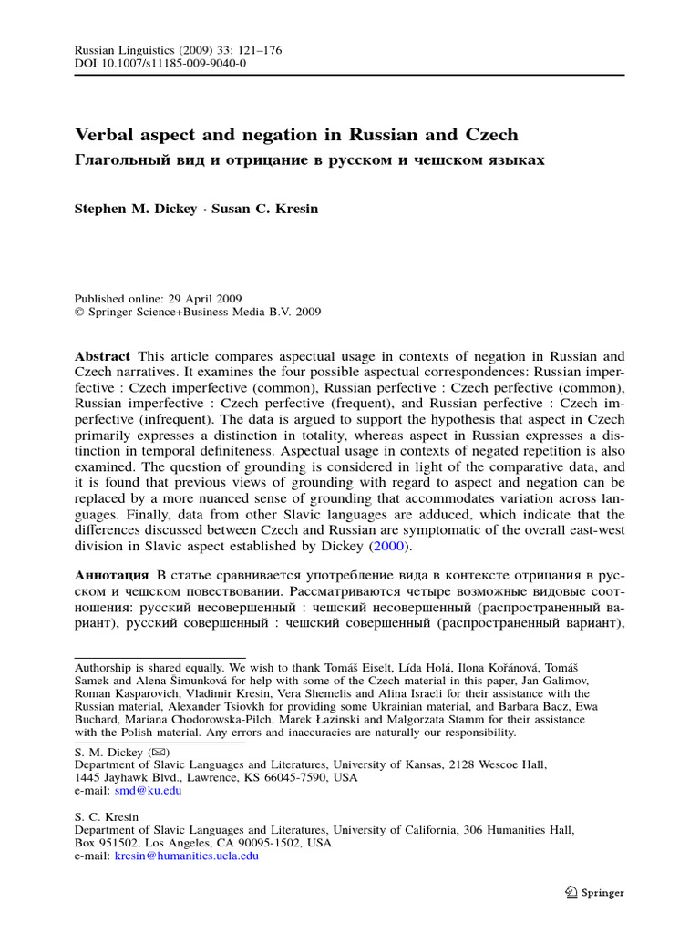 Verbal Aspect and Negation in Russian and Czech | PDF | Linguistics | Grammar