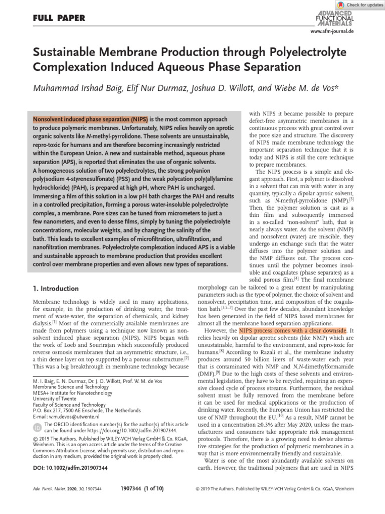 5.adv Funct Materials - 2019 - Baig - Sustainable Membrane Production | PDF | Membrane | Sodium ...