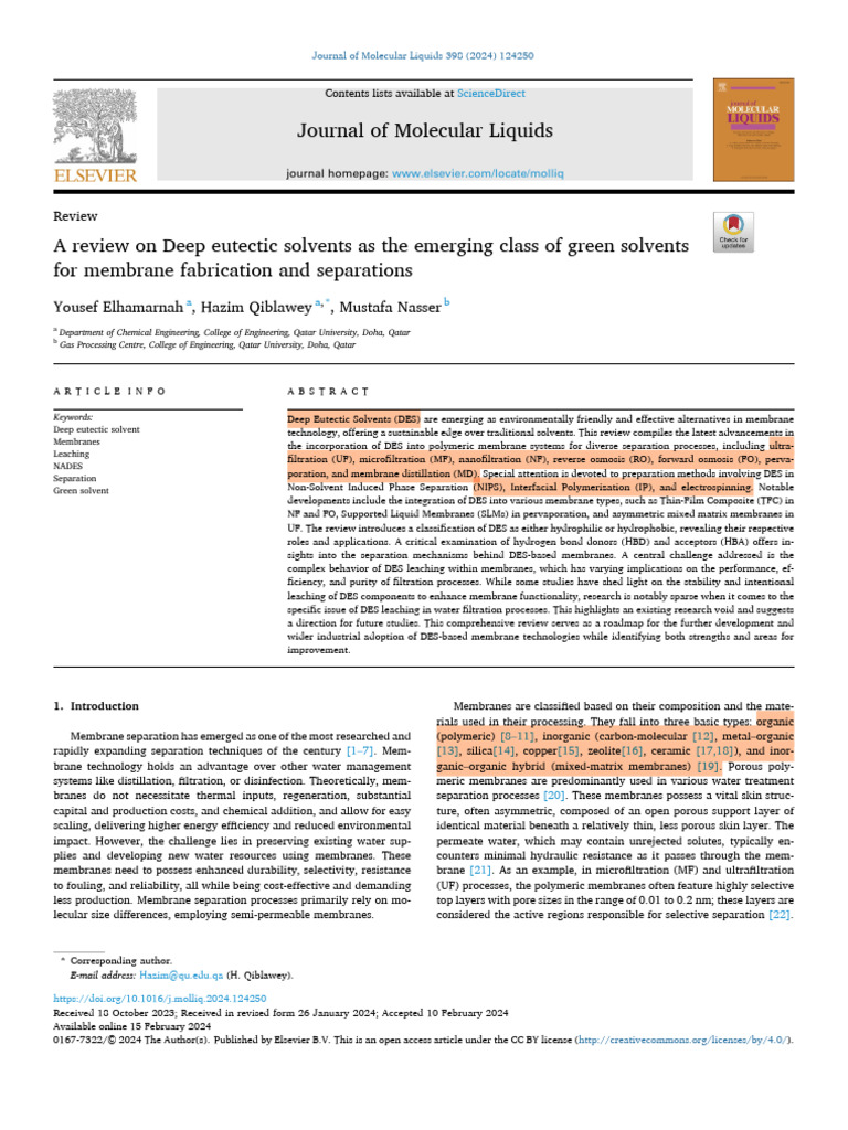 1.a Review On Deep Eutectic Solvents | PDF | Membrane | Applied And ...