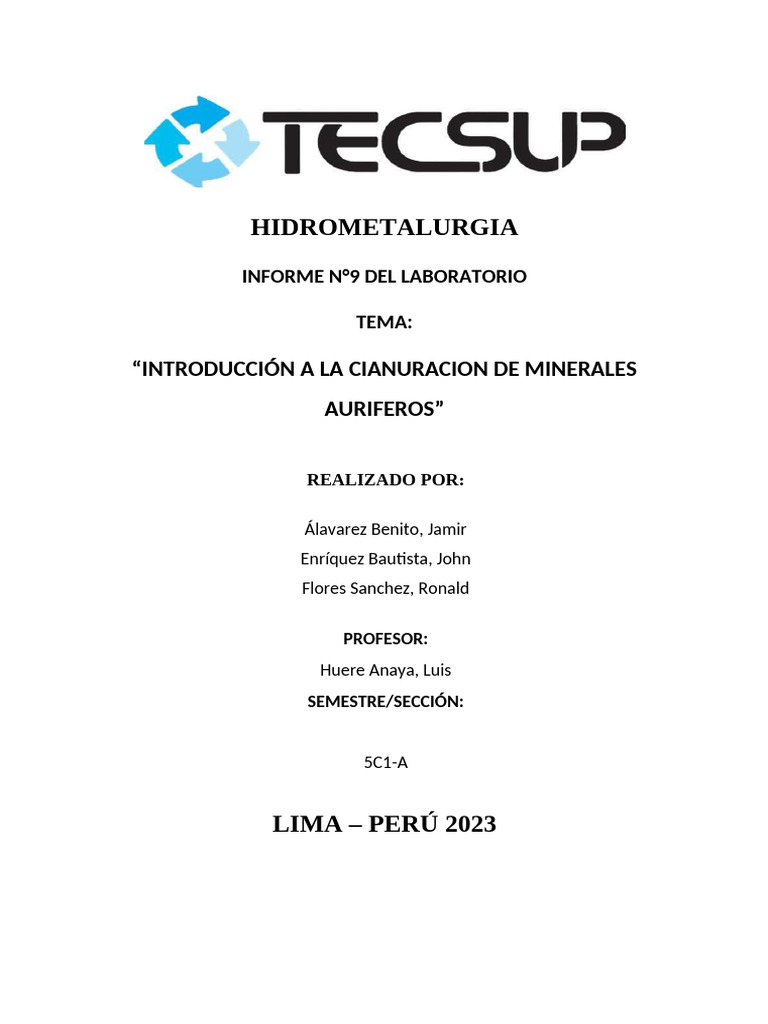 Hidrometalurgia Lab09 | PDF | Cianuro | Oro