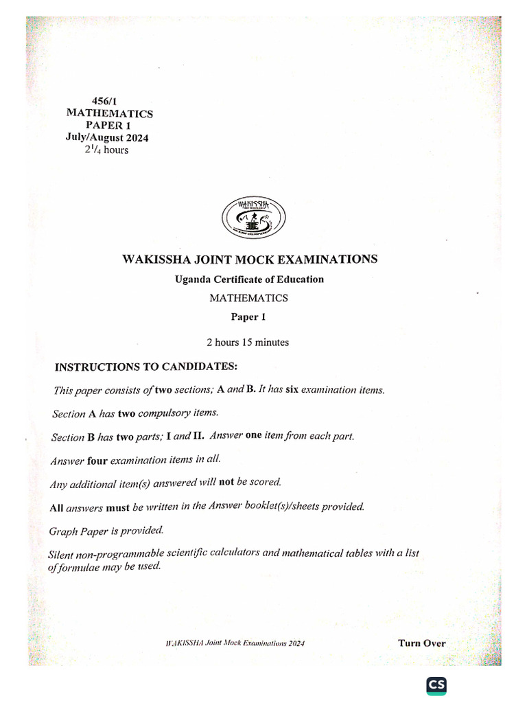Uce Wakissha Maths (Mock) Paper 1, 2024 | PDF