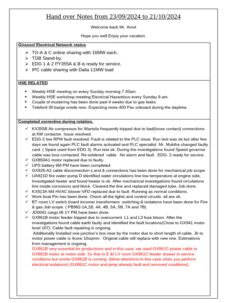 Hand Over Note Shinil, To Amol October Month Month | PDF | Electrical ...
