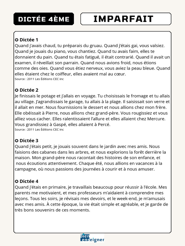 Dictée 4ème : Imparfait et Passé Simple | PDF