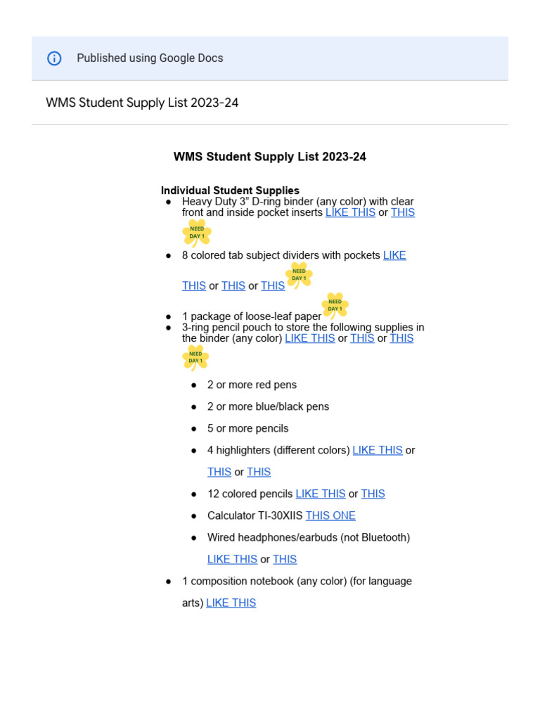 WMS Student Supply List 2023-24 | PDF