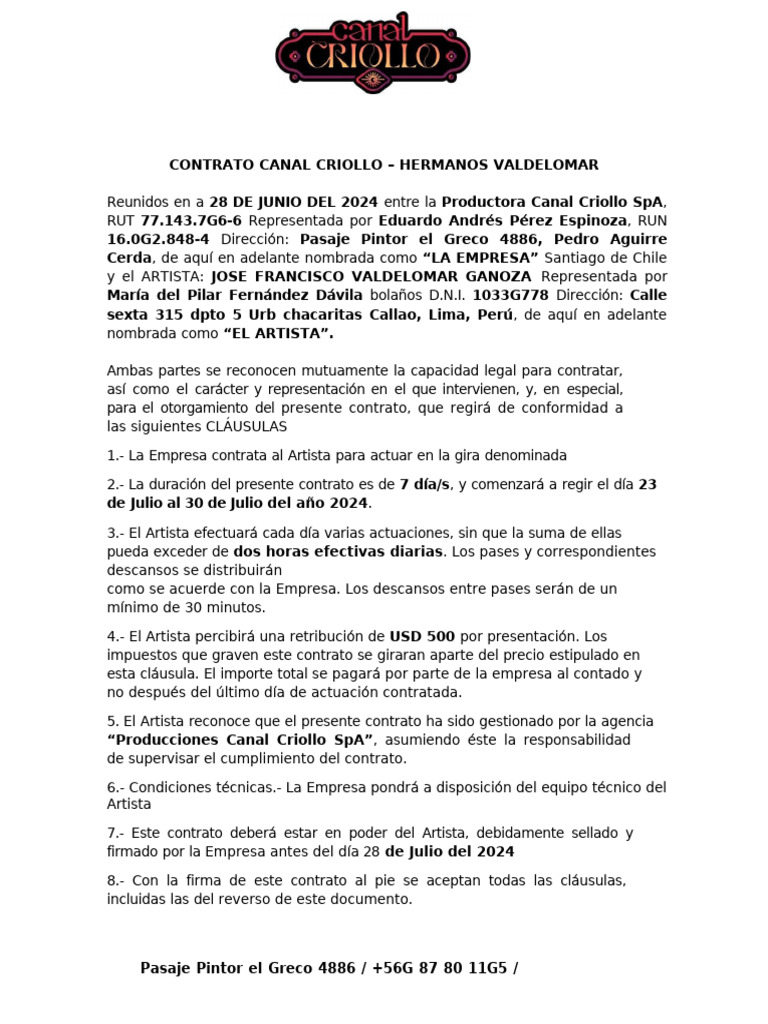 CONTRATO CANAL CRIOLLO | PDF | Business