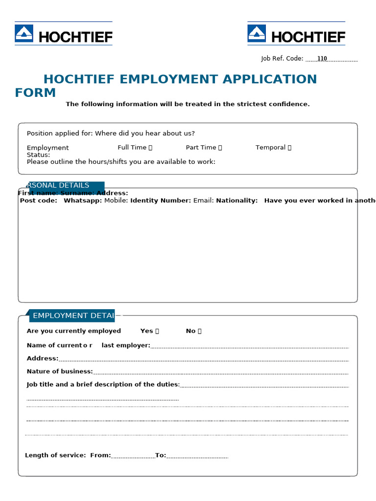 Application Form. Hochtief Employment | PDF | Employment