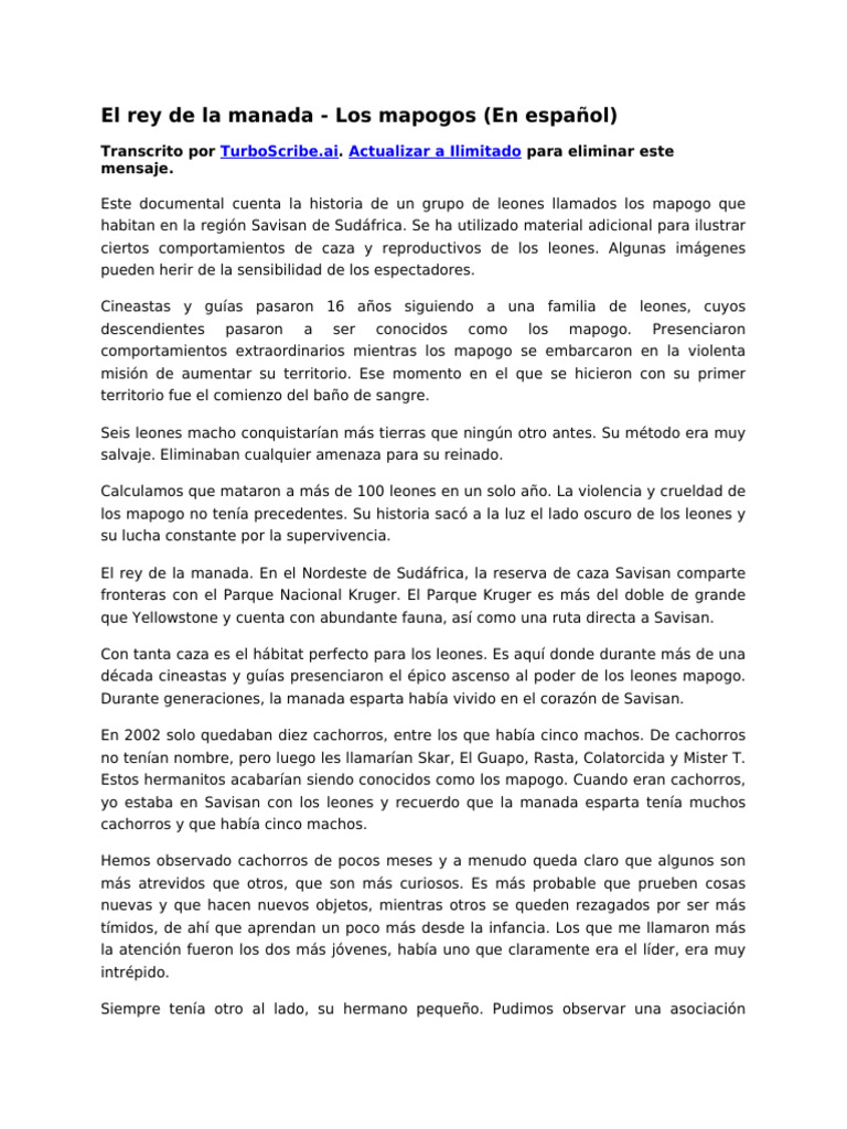 El Rey de La Manada - Los Mapogos (En Español) | PDF | León | Depredación