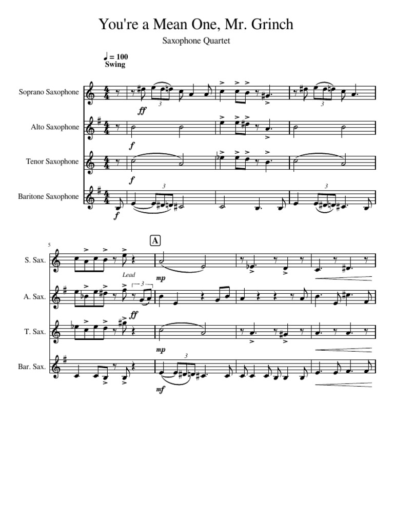 Sax Quartet - You're A Mean One, MR Grinch | PDF | Musical Instruments ...