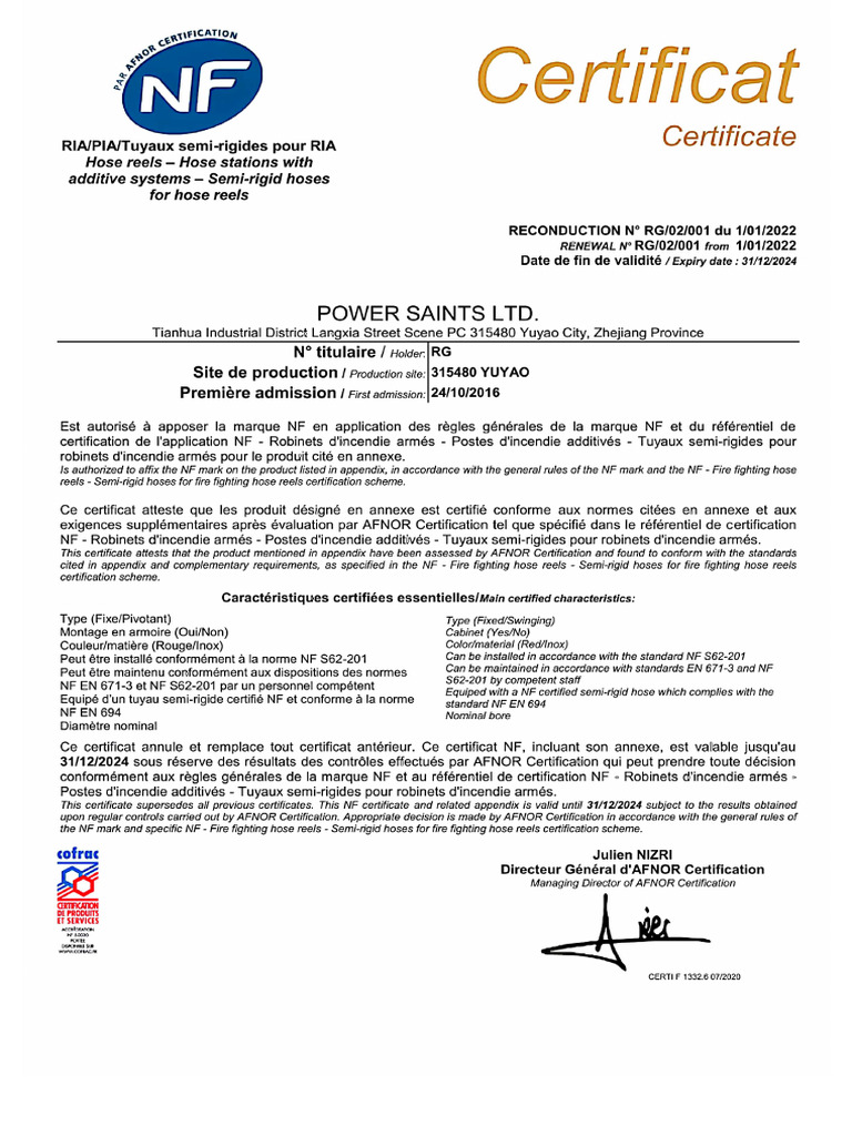 NF Certificate of DN33 RG 02 001 2024 | PDF