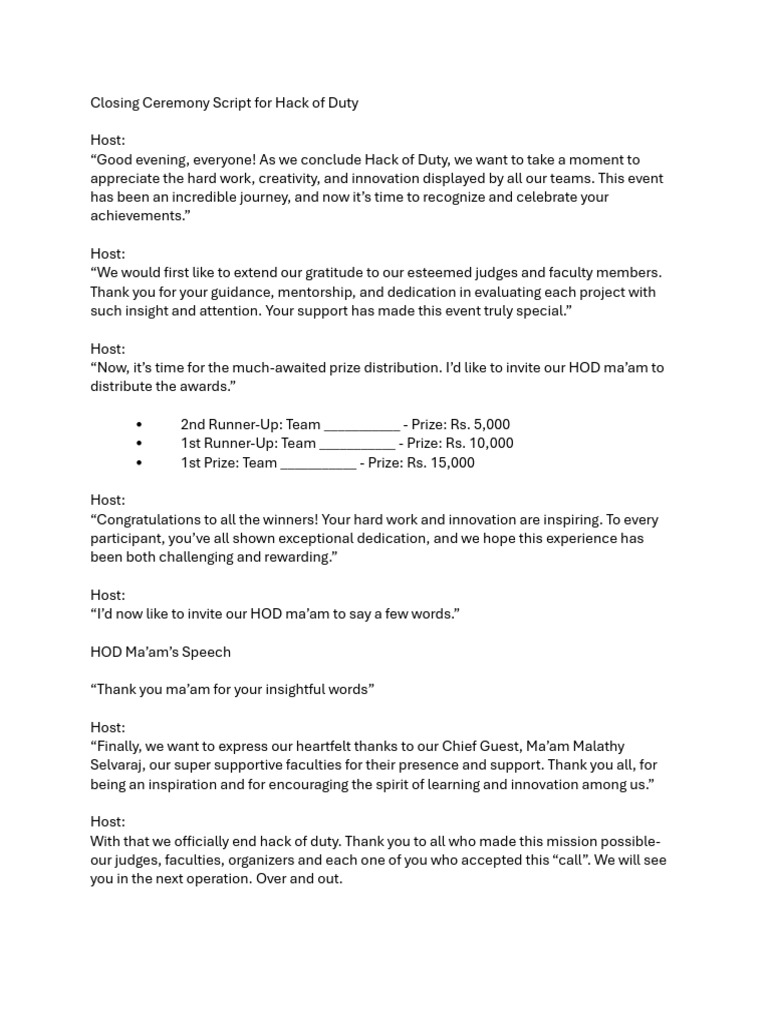 Closing Ceremony Script For Hack of Duty | PDF