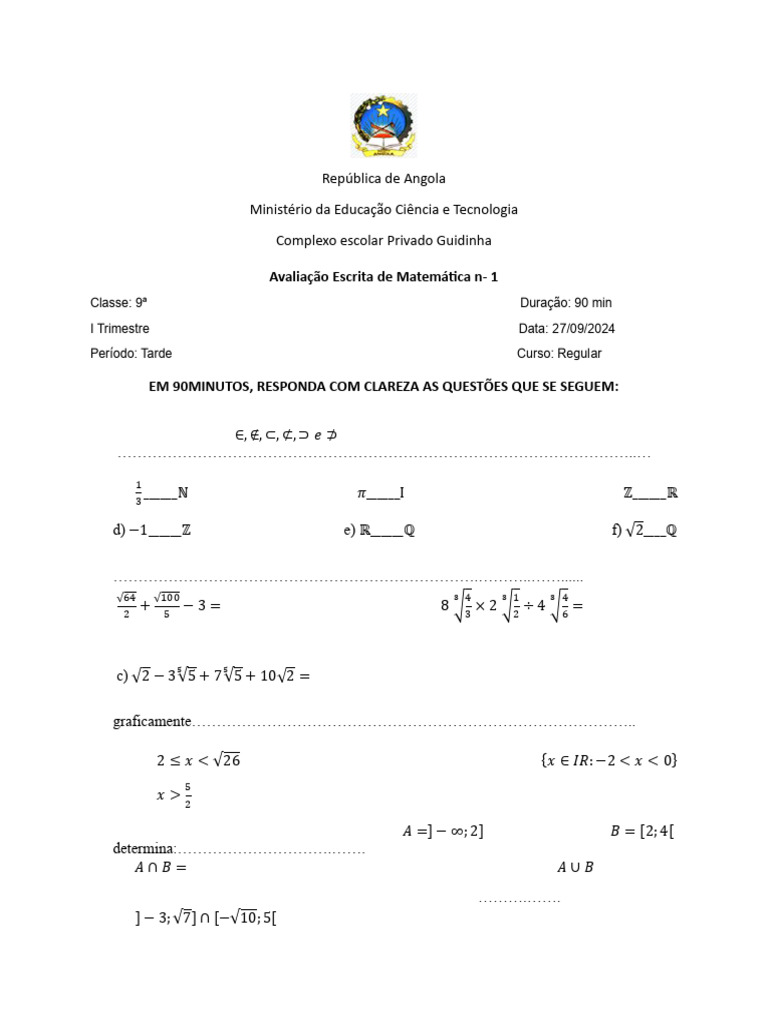 Avaliação e Correcção Modelo de Matemática de 9 Classe.. | PDF | Matemática