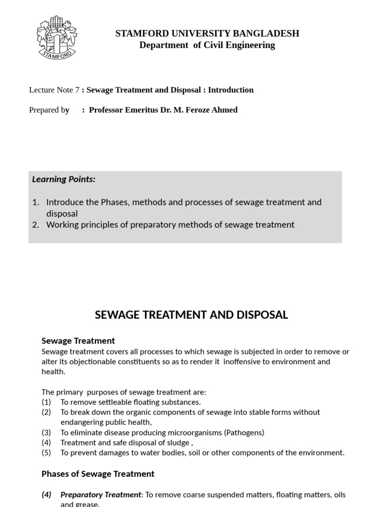 Lecture 7 - Sewage Treatment and Disposal | PDF | Sewage Treatment ...