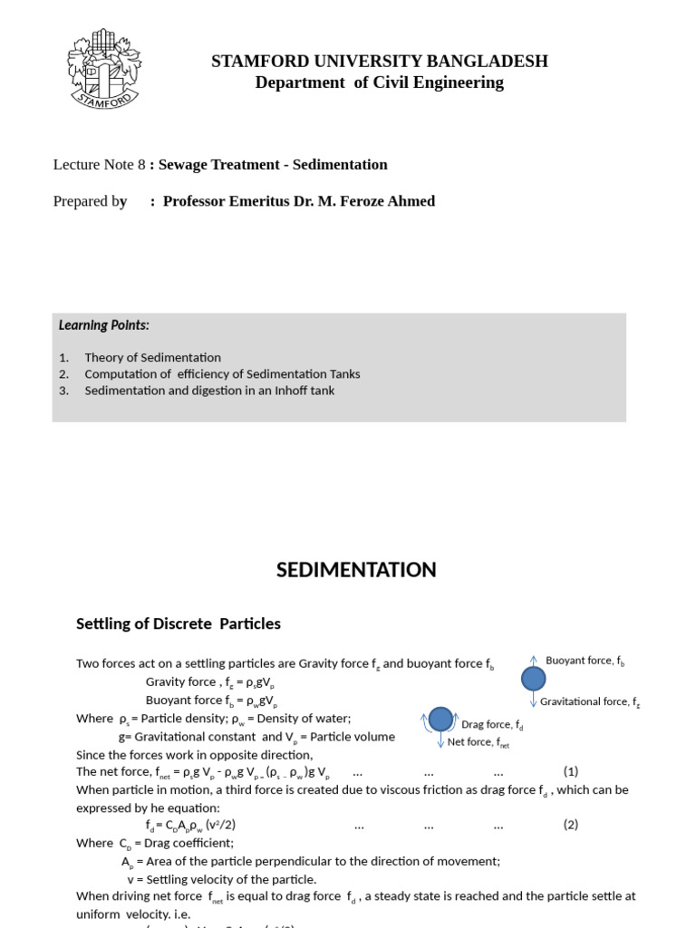 Lecture 8 - Sewage Treatment-Sedimentation | PDF | Force | Drag (Physics)