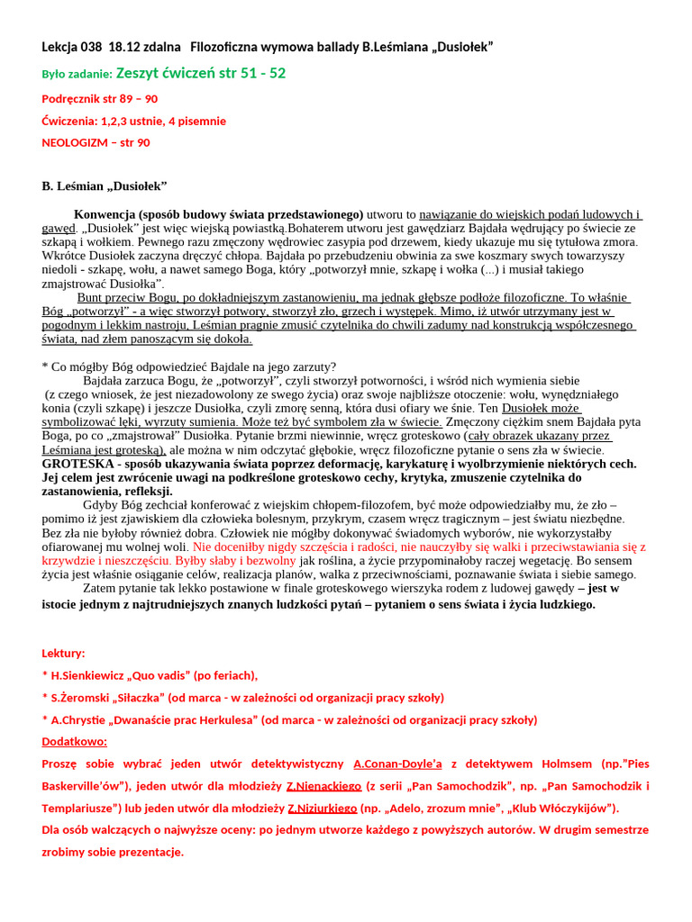 Lekcja 038 18.12 Zdalna Filozoficzna Wymowa Ballady B.Lesmiana Dusiolek | PDF