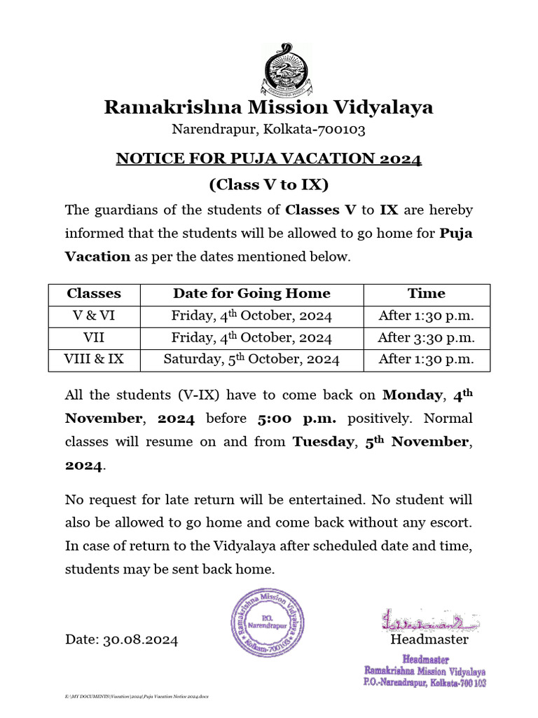 Puja Vacation Notice for 2024 | PDF
