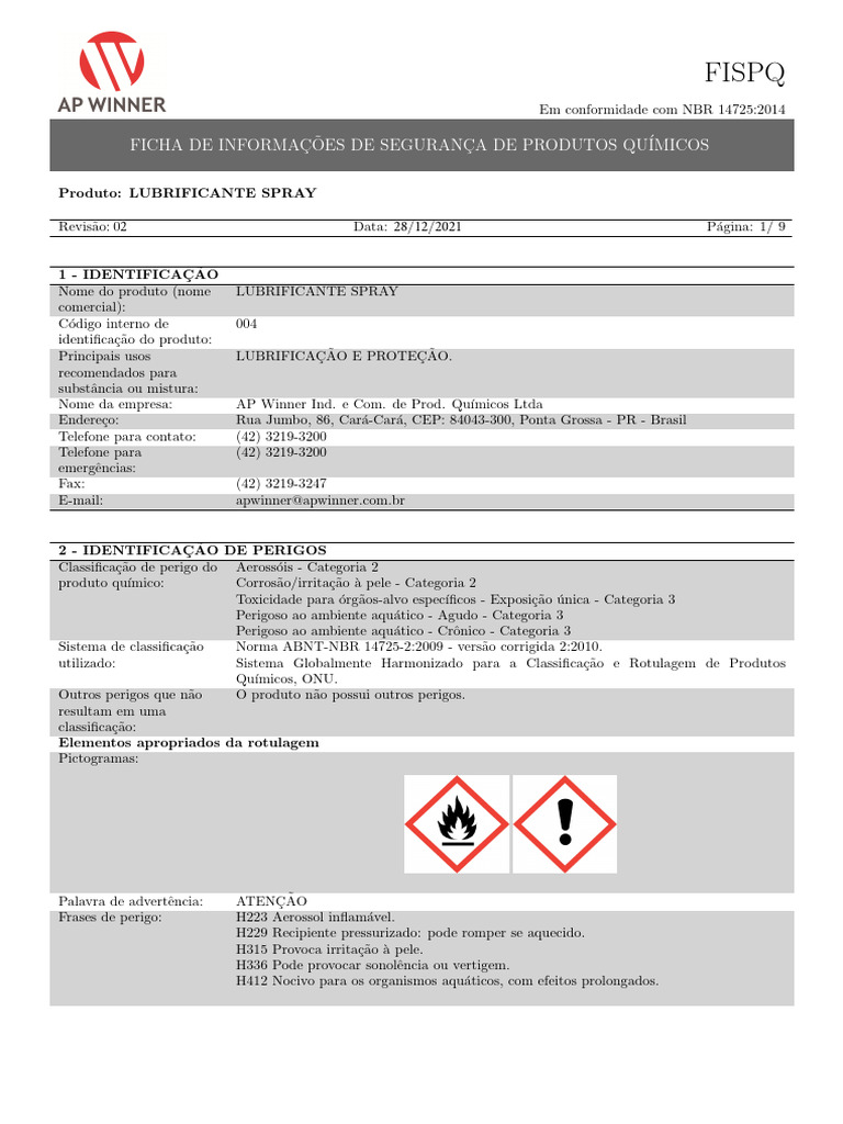 FISPQ do Lubrificante Spray Inflamável | PDF | Combustão | Embalagem e ...