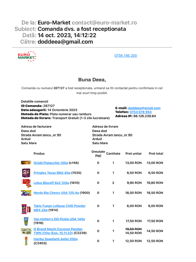 Comanda Dvs. A Fost Receptionata | PDF | Chocolate | Sugar Confectionery