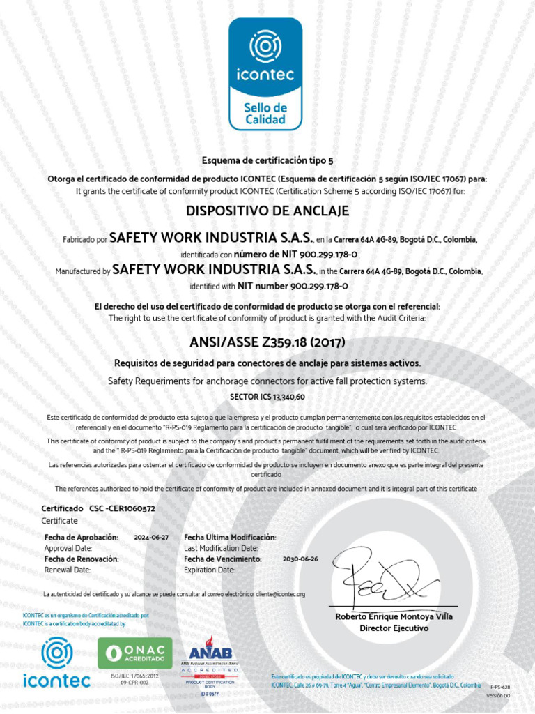 Certificado Dispositivos-De-Anclaje-Safety-Work | PDF