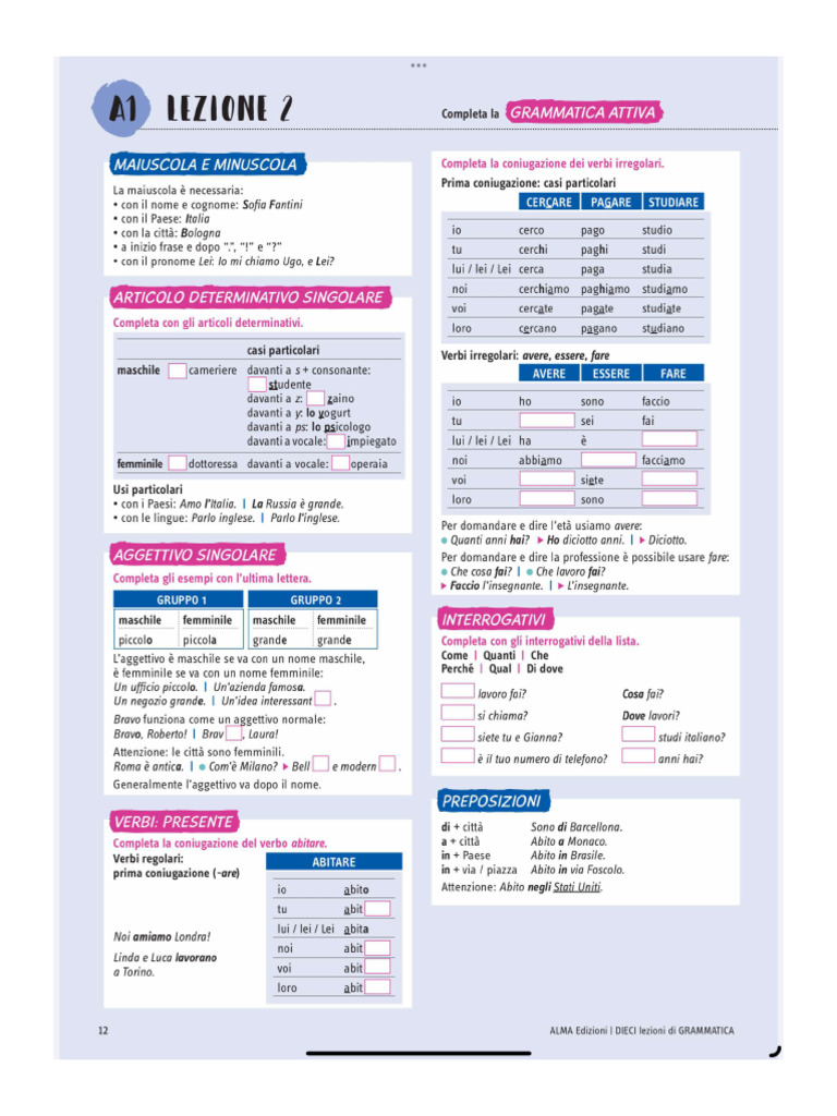 Dieci Grammatica A1 - A2 P. 12 | PDF