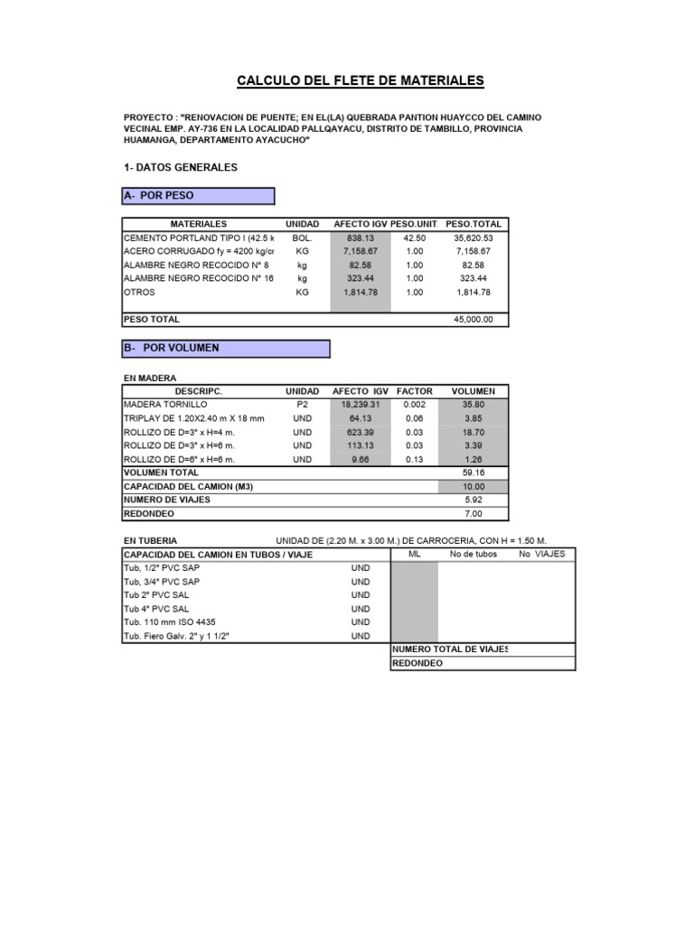 Cálculo de Flete para Materiales de Construcción | PDF | Ingeniería ...