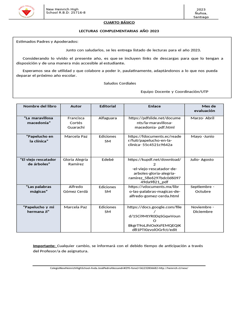 Lecturas Complementarias 4° Básico 2023 | PDF