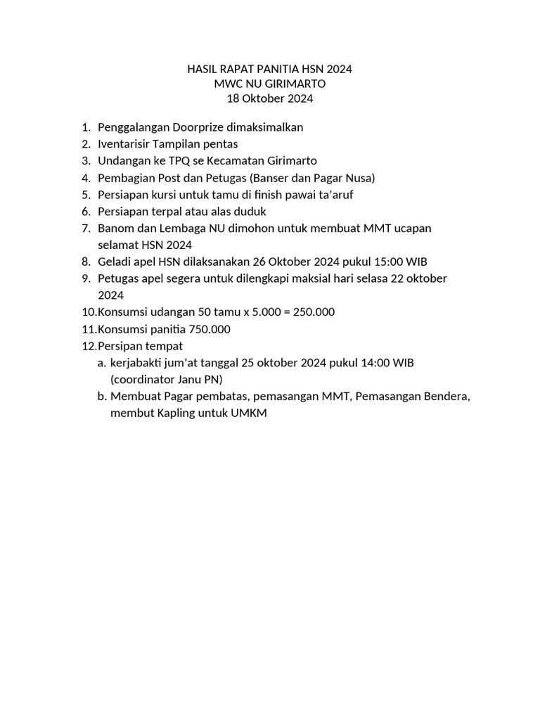 Hasil Rapat Panitia HSN 2024 | PDF