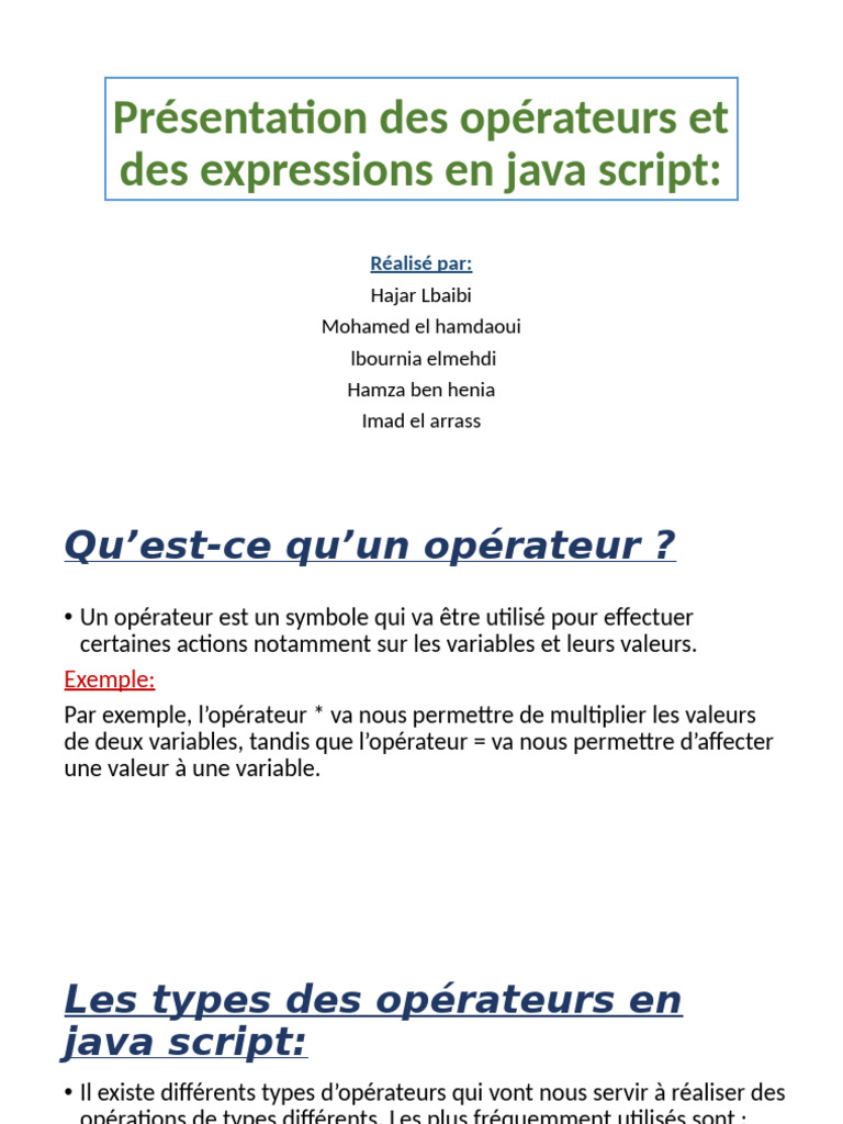 Présentation Des Opérateurs Et Des Expressions en Javascript | PDF | Arithmétique | Multiplication