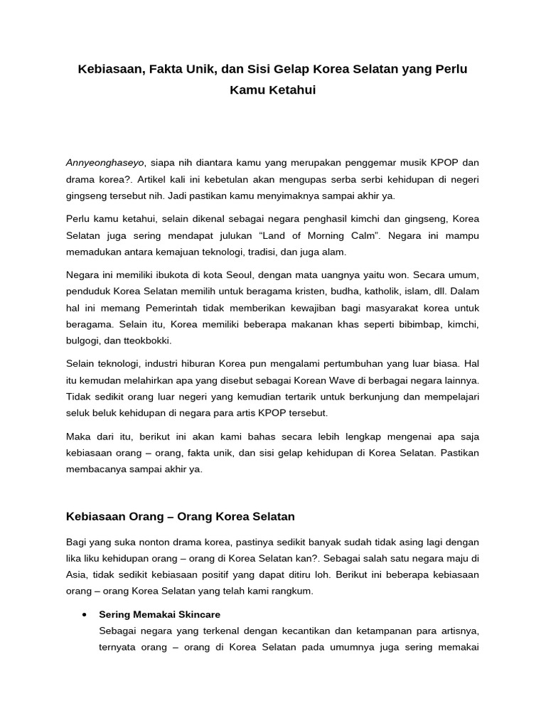 Kebiasaan, Fakta Unik, Dan Sisi Gelap Korea Selatan Yang Perlu Kamu Ketahui | PDF