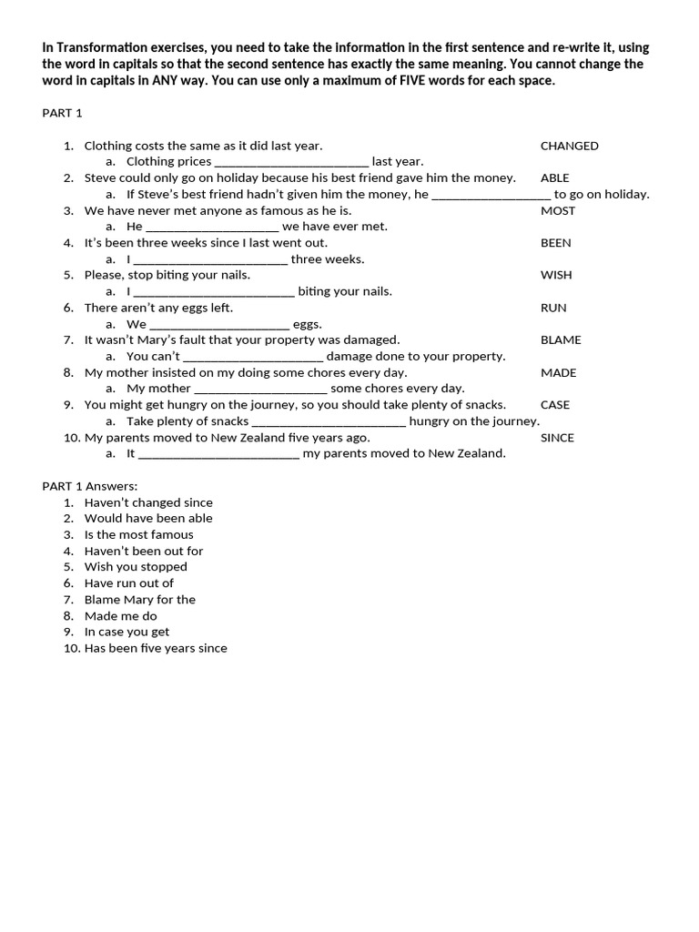 B1 Sentence Transformation Exercises | PDF