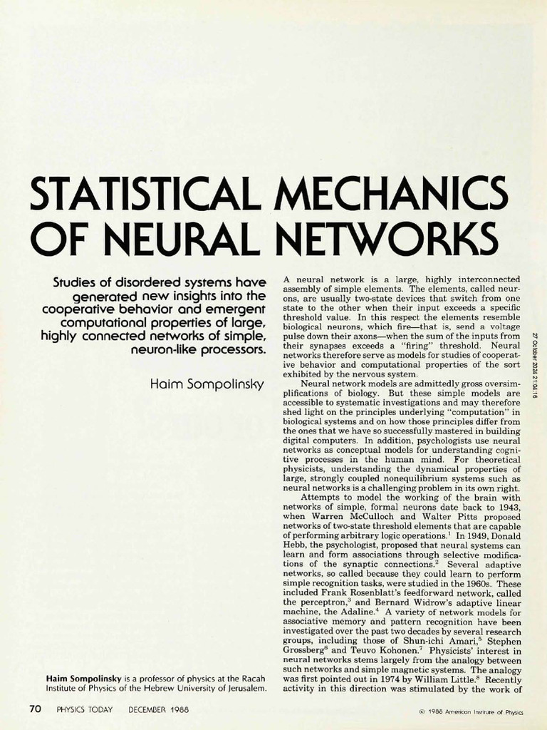 Stat Mech of Neural Networks | PDF | Nervous System | Memory