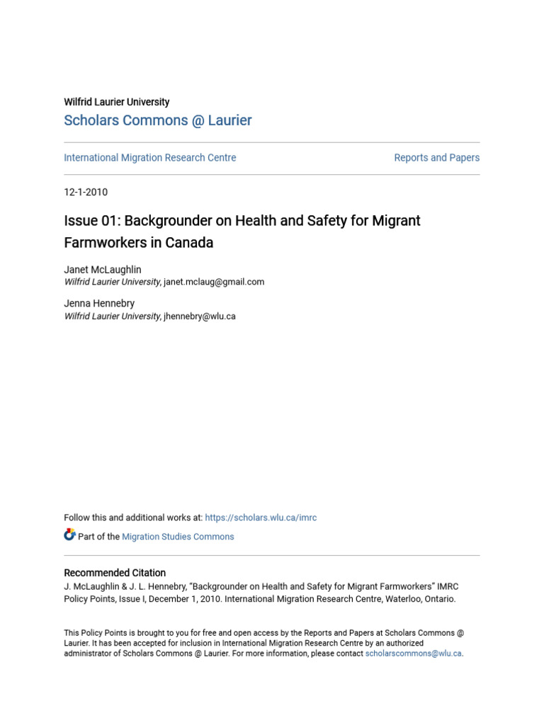Issue 01 Backgrounder On Health and Safety For Migrant Farmworke ...