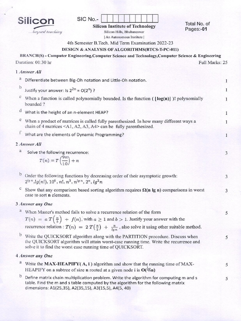 DESIGN & ANALYSIS OF ALGORITHMS(BTCS-T-PC-011) - Mid Term Exam - 2022-2023 | PDF