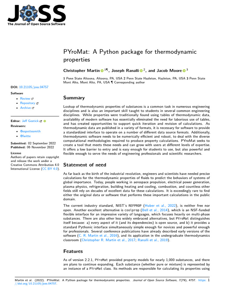 PYroMat A Python Package For Thermodynamic Propert | PDF | Physical ...