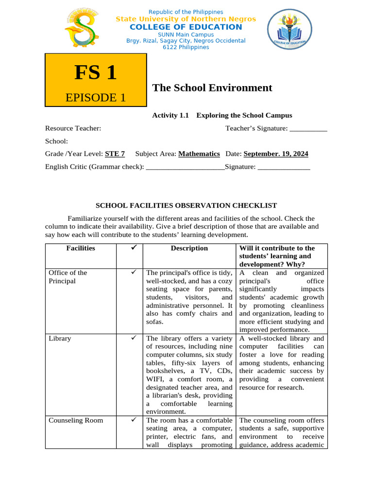 Field Study 1, Episode 1- the School Environment | PDF | Classroom ...