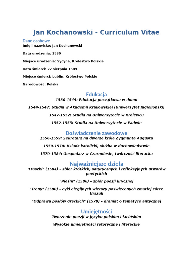 CV Jan Kochanowski | PDF