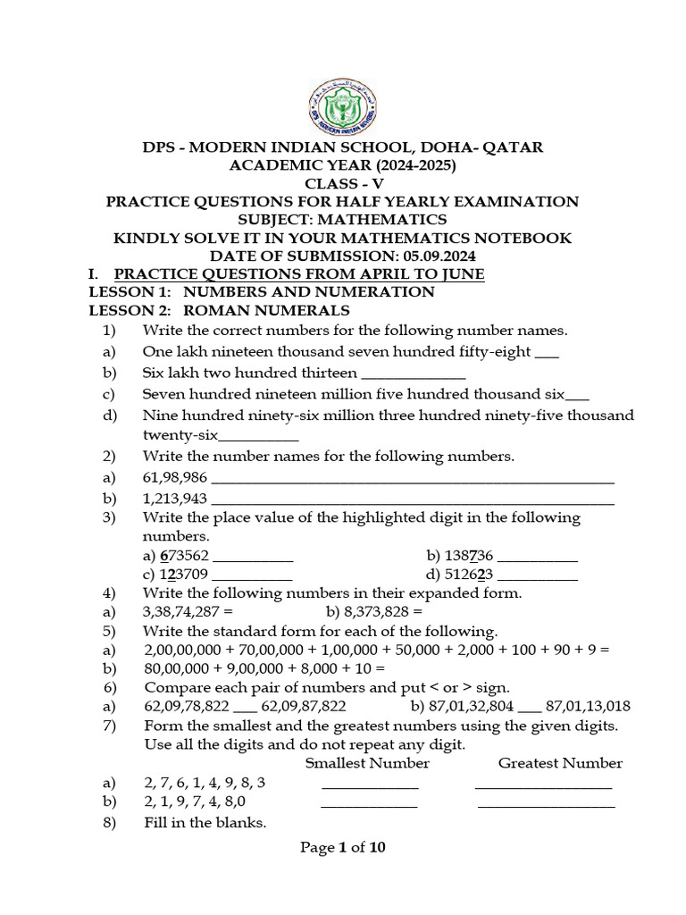 2024 Half Yearly Practice Questions Final | PDF | Mathematics