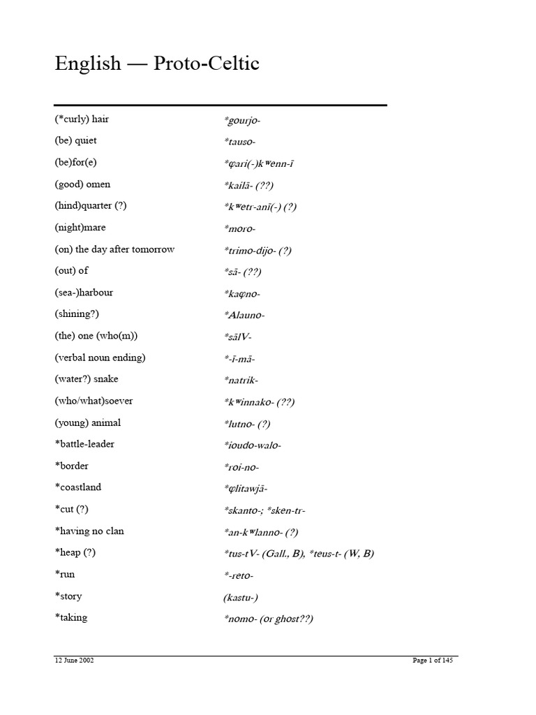 English Proto Celtic Word List | PDF | History