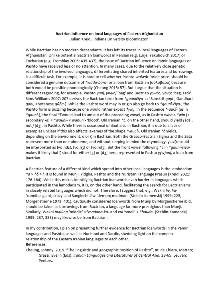 Bactrian Influence On Local Languages of Eastern Afghanistan | PDF ...