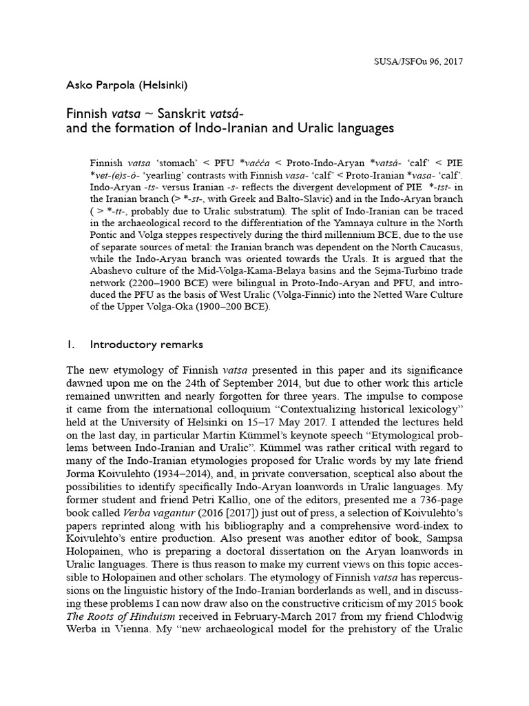 Finnish Vatsa Sanskrit Vatsáand The Formation of Indo-Iranian and ...