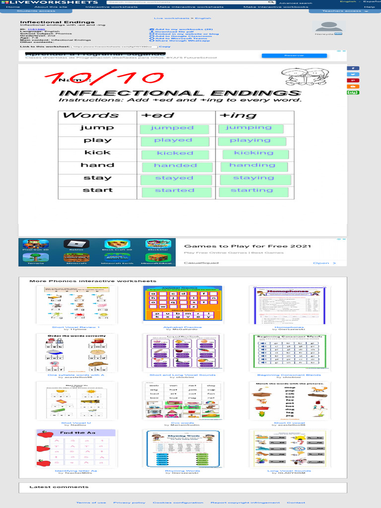 Inflectional Endings Interactive Worksheet | PDF | English Language | Vowel