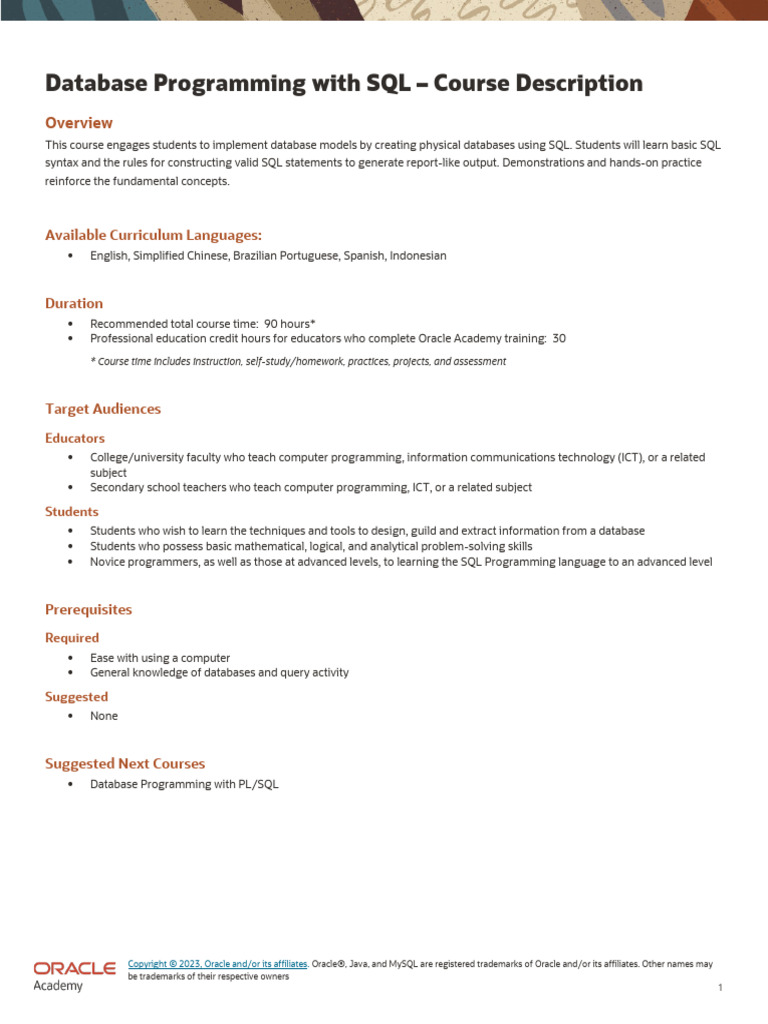 Oracle Academy Database Programming with SQL Course Description | PDF | Databases | Data Management
