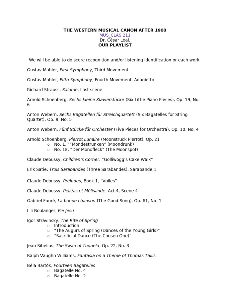 PLAYLIST The Western Musical Canon After 1900 | PDF | Bagatelle (Music ...