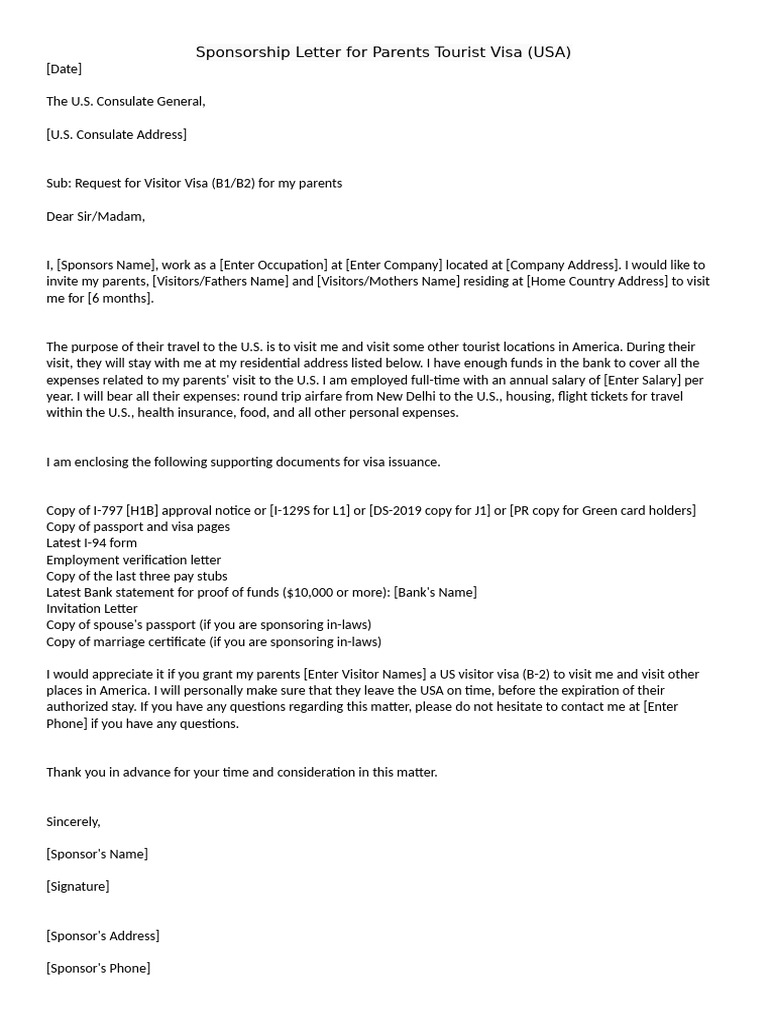 Sponsorship Letter for Parents Tourist Visa | PDF